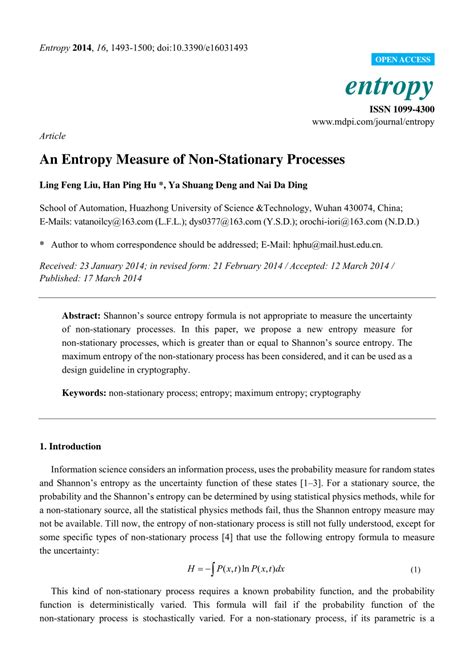 Pdf An Entropy Measure Of Non Stationary Processes