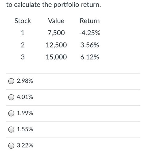 Solved To Calculate The Portfolio Return Stock Value Return Chegg Com