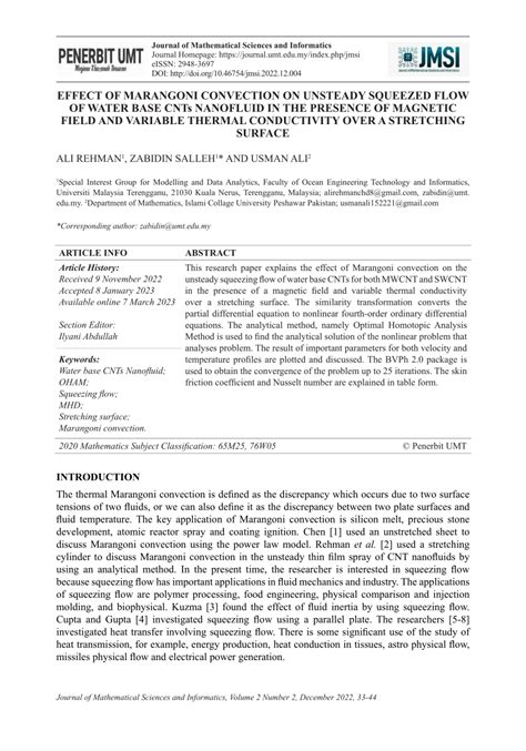 Pdf Effect Of Marangoni Convection On Unsteady Squeezed Flow Of Water Base Cnts Nanofluid In