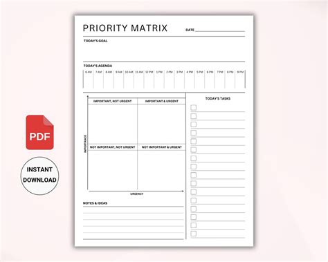 Printable Task Priority Matrix Template Productivity Planner Time