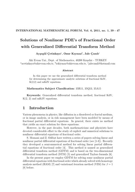 Pdf Solutions Of Nonlinear Pdes Of Fractional Order With Generalized Differential Transform