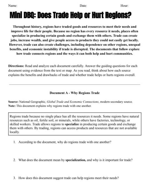 Mini Dbq Does Trade Help Or Hurt Regions By Annes Plans Tpt
