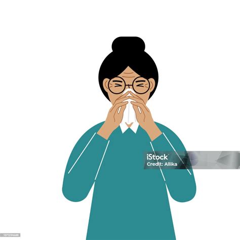 한 여성이 손수건으로 코를 덮습니다 아픈 사람의 개념 재채기 계절 알레르기 나쁜 냄새 두통에 대한 스톡 벡터 아트 및 기타 이미지 Istock