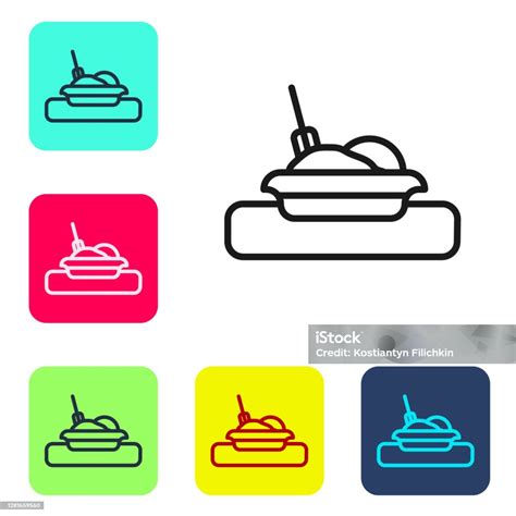 흰색 배경에 격리 된 검은 줄 플레이트 포크 및 나이프 아이콘 칼 붙이 기호 레스토랑 간판 색상 정사각형 단추로 아이콘을