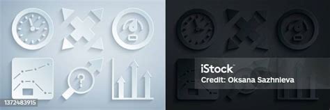 화살표 디지털 속도 미터 그래프 차트 다이어그램 파이 인포그래픽 여러 가지 방법 방향 화살표 및 시계 아이콘을 설정합니다 벡터 3차원 형태에 대한 스톡 벡터 아트 및 기타