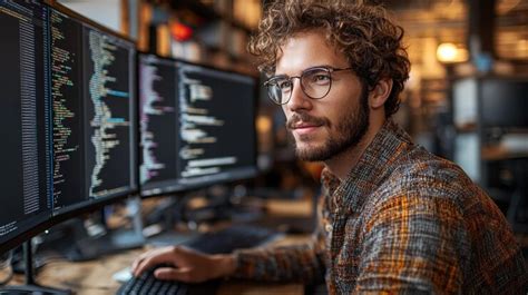 A Programmer Coding Computer Workstation Multiple Monitors Dark Office Environment Premium Ai