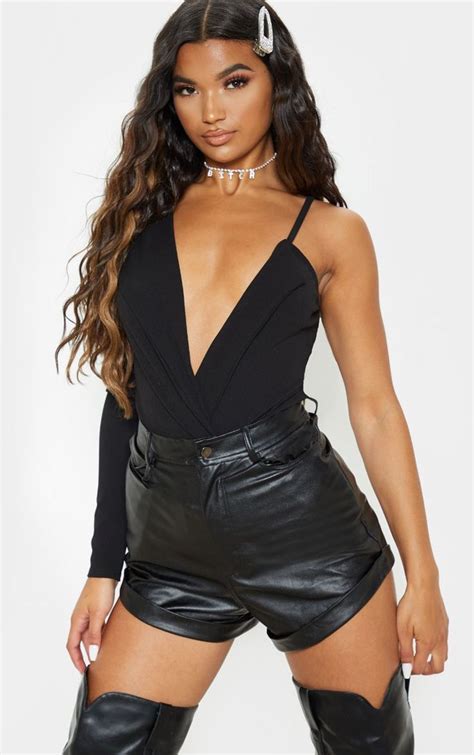 Black Crepe One Shoulder Collar Detail Bodysuit Crop Tops Women