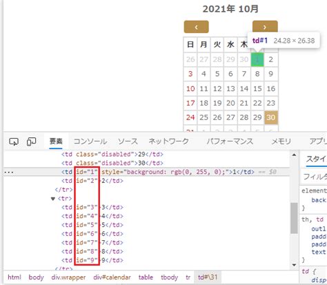 Javascriptで作成したカレンダーの日付ごとのtdに個別のclassまたはidを付与する方法