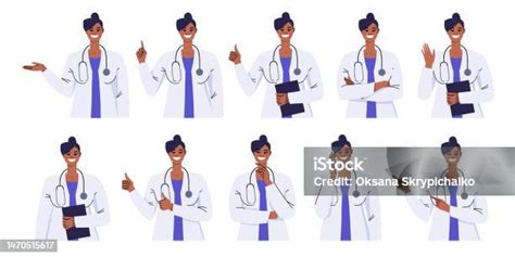 다양한 몸짓과 포즈를 가진 어두운 피부의 여성 의사 의사는 엄지 손가락 집게 손가락 손 생각 교차 손 전화 환영을 보여줍니다 흰 코트를 입은 여자가 고립되어 있습니다 플랫