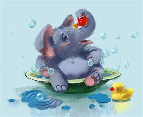 Иллюстрация купание слона в стиле книжная графика