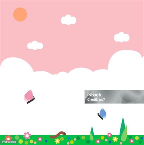 나비와 꽃이 만발한 땅이있는 만화 귀여운 봄 풍경 아름다운 햇빛 핑크 하늘 배경 시골 흐린 날씨 봄철 원더 랜드 배너를 배경으로합니다 벡터 일러스트레이션 Eps10 0명에