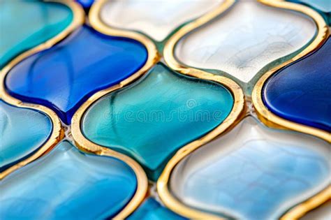 Close Up Of Elegant Mosaic Tiles With Wavy Geometric Shapes In Shades Of Blue And White