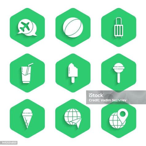 아이스크림 비행기를 날리는 지구본 지구본의 위치 롤리팝 와플 콘 칵테일과 알코올 음료 여행 가방과 말풍선 비행기 아이콘을