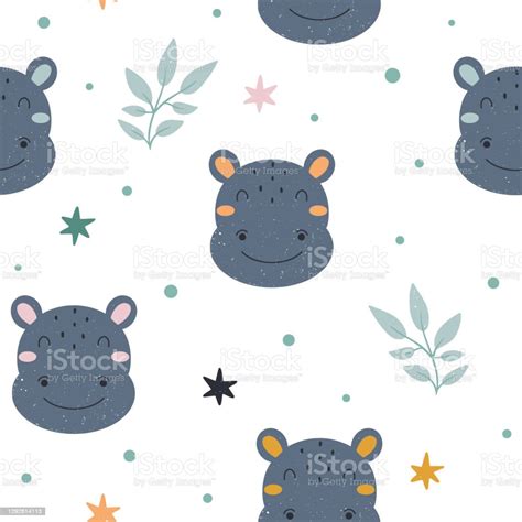 사랑스러운 하마 캐릭터와 함께 귀여운 유치한 원활한 패턴으로 추상적인 요소 손으로 그린 스칸디나비아 스타일 벡터 일러스트레이션 귀여운에 대한 스톡 벡터 아트 및 기타 이미지