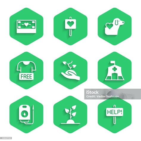 나무를 심는 자원 봉사 팀 도움말 표시 응급 의료 텐트 헌혈 옷 개와 함께 마음 기부 및 자선 아이콘을 설정합니다 벡터 가공의 인물에 대한 스톡 벡터 아트 및 기타 이미지
