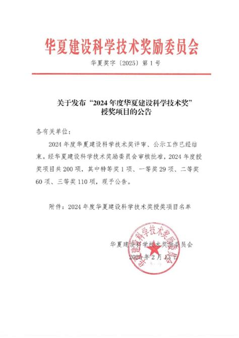 关于发布“2024年度华夏建设科学技术奖”授奖项目的公告