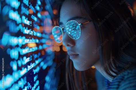 Women In Glasses Reading Html Scripts Programming And Cyber Security Research Plus Data