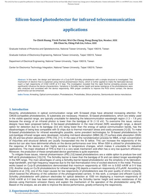 Pdf Silicon Based Photodetector For Infrared Telecommunication Applications