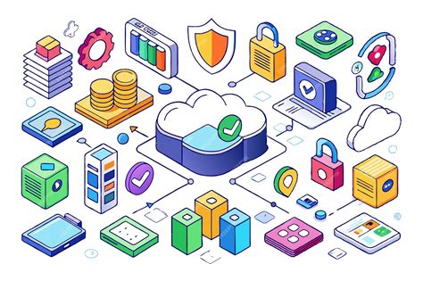 A 3d Isometric Illustration Of A Cloud Computing Network With Various Security And Data Icons