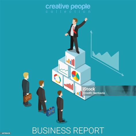 기업 비즈니스 보고서 평면 3d 아이소메트리 아이소메트릭 개념 웹 벡터 일러스트 레이 션 통계 표시기 그래픽에 대 한 야심찬 표현 사업가 상자 피라미드 연설 크리에이 티브