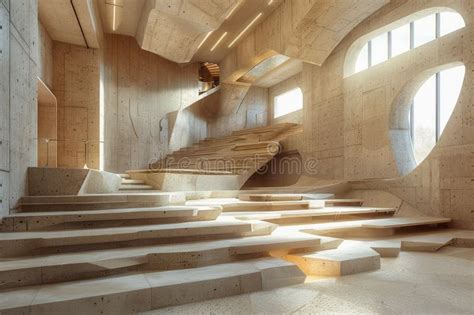 Modern Architectural Design With Dynamic Staircase And Curved Windows Illuminated By Natural