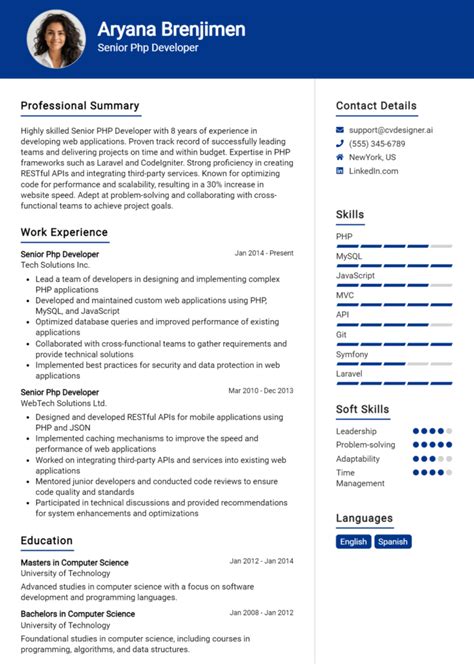 7 Php Developer Cv Examples And Templates For 2025 Cvdesigner Ai
