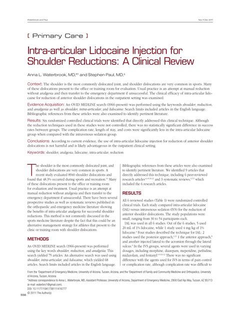Pdf Intra Articular Lidocaine Injection For Shoulder Reductions A Clinical Review