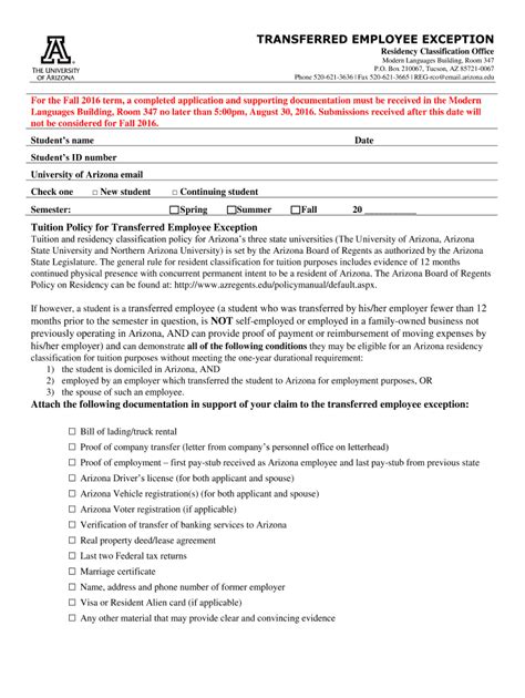 Fillable Online Registrar Arizona Transferred Employee Exception University Of Arizona Fax