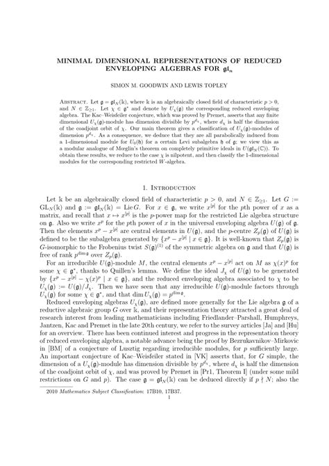 Pdf Minimal Dimensional Representations Of Reduced Enveloping Algebras For