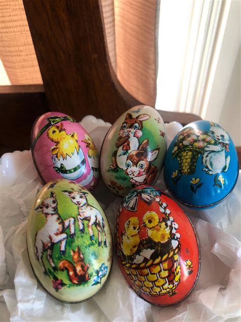Vintage Set Of Tin Easter Eggs 5 Candy Containers Hong Kong Etsy