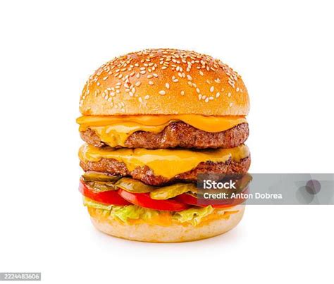 Delicious Double Cheeseburger With Fresh Ingredients And Sesame Seed