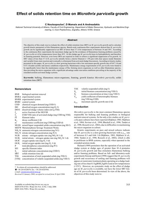 Pdf Effect Of Solids Retention Time On Microthrix Parvicella Growth