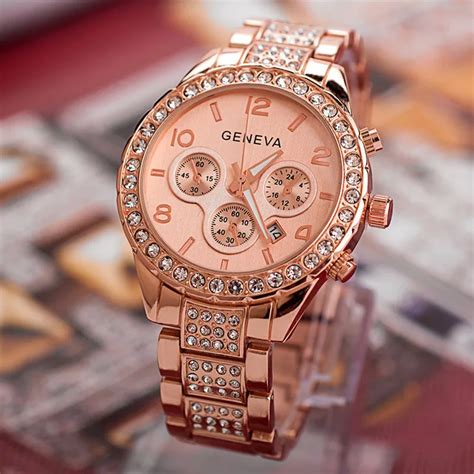 Watches Geneva Women Luxury Gold Case Crystal Rhinestone Quartz Watch