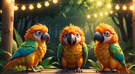 나무 플랫폼에 앉아 있는 세 마리의 화려한 앵무새 Seaart Ai