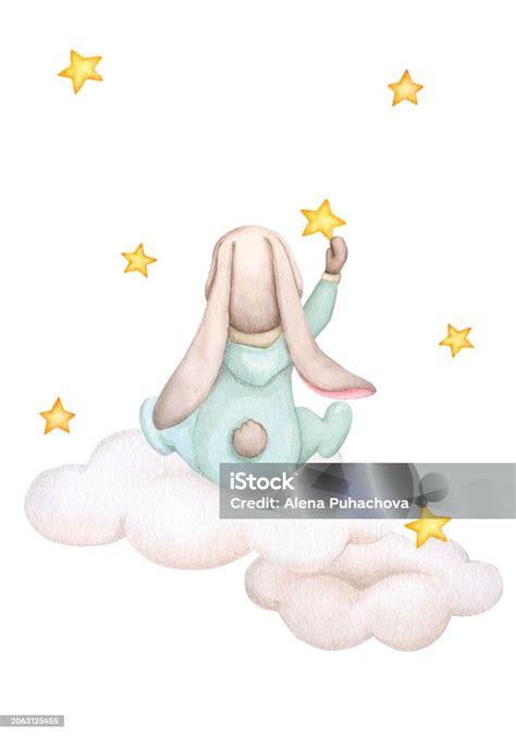 아기 토끼가 구름 위를 날아갑니다 어린이용 일러스트입니다 손으로 그린 수채화입니다 베이비 샤워 생일 어린이 파티 인쇄 초대장 포스터 인사말 카드 엽서에 대 한 클립아트 0