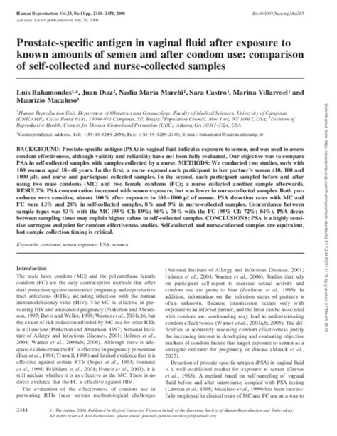Pdf Prostate Specific Antigen In Vaginal Fluid After Exposure To Known Amounts Of Semen And