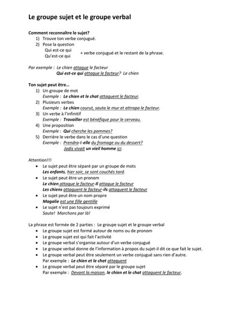 Le Groupe Sujet Et Le Groupe Verbal