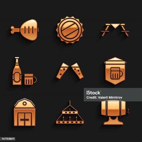 맥주 한 잔 거대한 강철 샹들리에 선반에 나무 배럴 유리로 된 간판 농장 집 맥주 병 피크닉 테이블 벤치 및 닭 다리 아이콘을 설정합니다 벡터 0명에 대한 스톡 벡터 아트