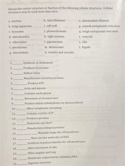 Solved Choose The Correct Structure Or Function Of The