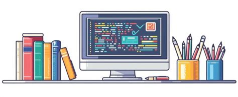 Computer Monitor Displaying Colorful Coding Interface Alongside Computer Books And Pencils In An