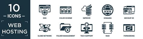 채워진 웹 호스팅 아이콘 세트입니다 플랫 Dns 색 구성표 개선 도메인 모형 De 글로브 네트워크 폴더 관리 기술 지원 Raid 편집 가능한 형식의 전달 아이콘 포함 0명에