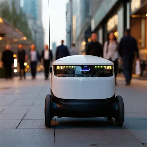 Self Driving Delivery Robot On Urban Sidewalk Futuristic Technology Automated Logistics Smart