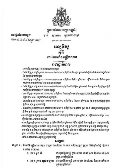រាជរដ្ឋាភិបាលចេញអនុក្រឹត្យតែងតាំងមន្ត្រីរាជការចំនួន ០២រូប ជាអភិបាល នៃគណៈអភិបាលក្រុង ស្រុក