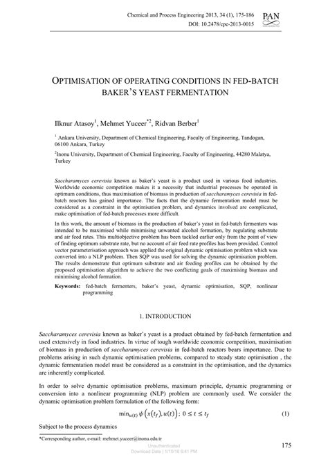 Pdf Optimisation Of Operating Conditions In Fed Batch Bakers Yeast Fermentation