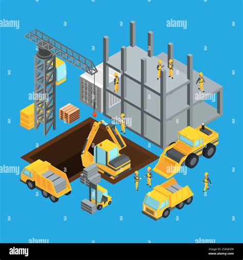 Building Construction Stage Isometric Transport For Construct Vector Illustrations Set