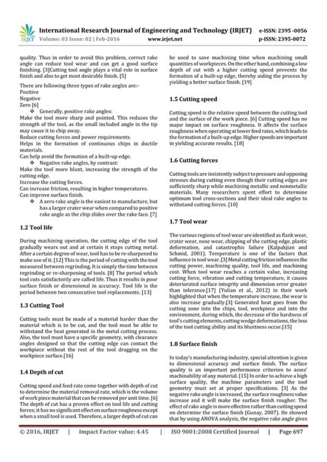 In Metal Turning Effect Of Tool Rake Angles And Lubricants On Cutting Tool Life And Surface