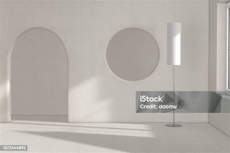 추상적 인 빈 방에 흰색 그늘과 크롬 다리와 아늑한 장식 듀얼 로프트 거실 침실 사무실 바닥 램프 3d 렌더링 0명에 대한 스톡 사진 및 기타 이미지 Istock