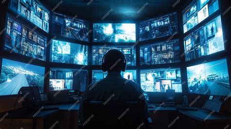 Security Guard Monitoring In Hightech Surveillance Room Premium Ai
