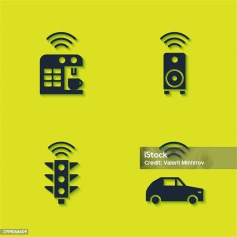 스마트 커피 머신 무선 신호등 및 스테레오 스피커 아이콘이 있는 자동차 시스템을 설정합니다 벡터 0명에 대한 스톡 벡터 아트 및 기타 이미지 Istock