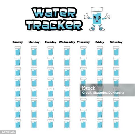 일일 물 추적기 균형 벡터 달력 습관 추적기 개념과 효과적인 계획 충분한 물 마시기 수분 공급 문제 복고풍 그루비 스타일의 귀여운 캐릭터 A4 용지에 대한 스톡 벡터 아트